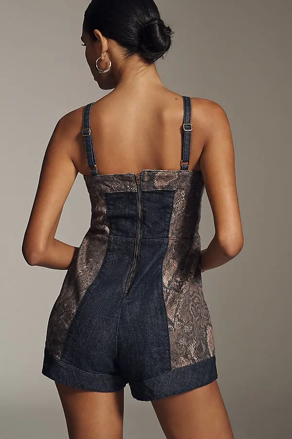 PILCRO Sleeveless Snake Print Denim Romper