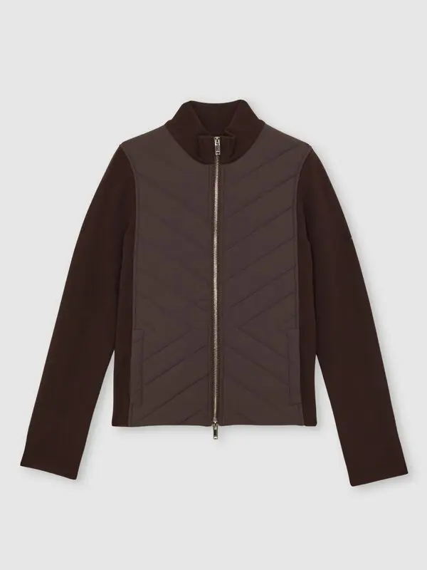 REISS Hybrid Quilted Zip-through Knit Jacket - Chocolate Brown