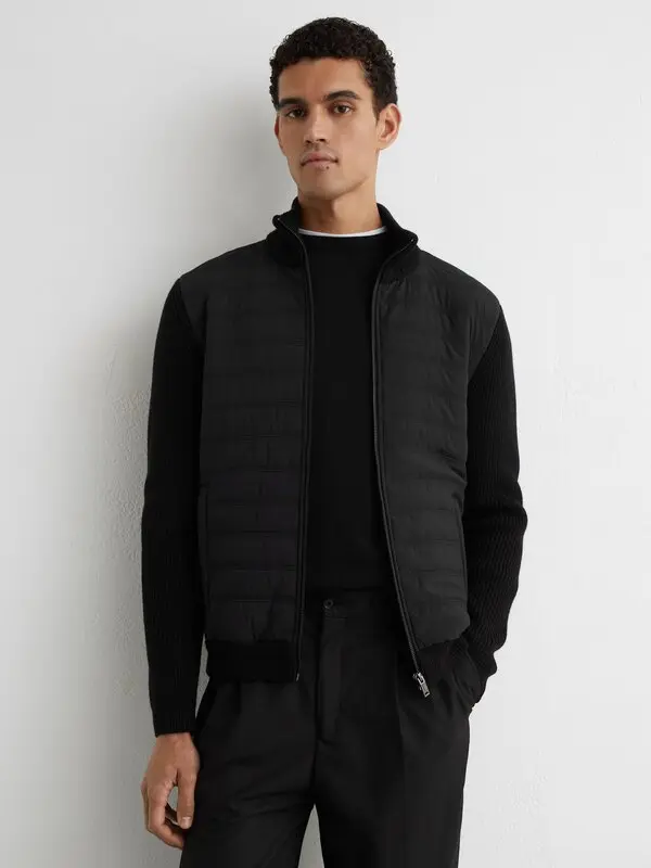 REISS Quilted Rib-knit Funnel-neck Jacket - Black