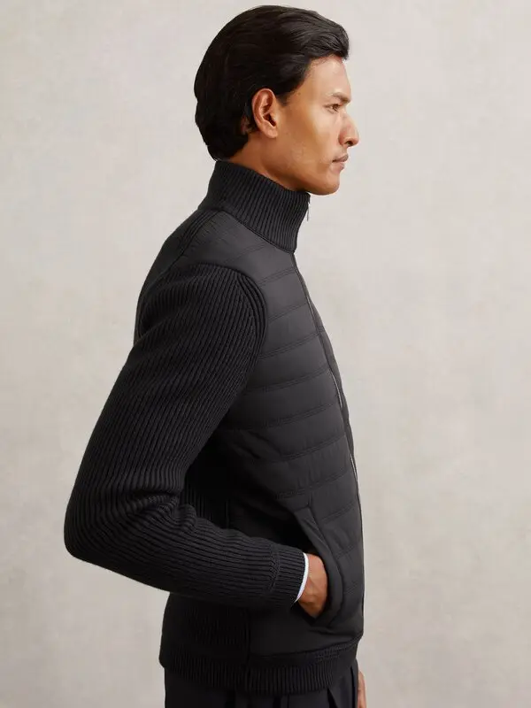 REISS Quilted Rib-knit Funnel-neck Jacket - Navy