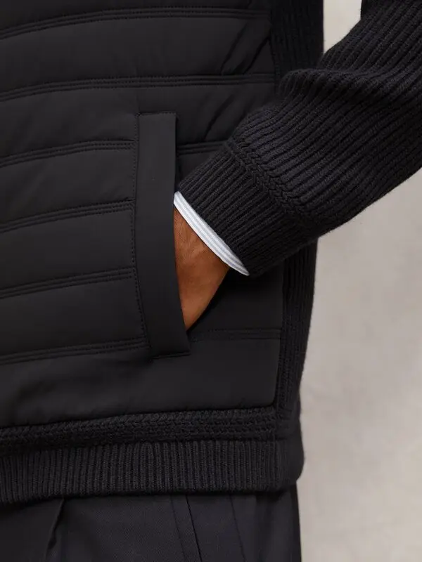 REISS Quilted Rib-knit Funnel-neck Jacket - Navy