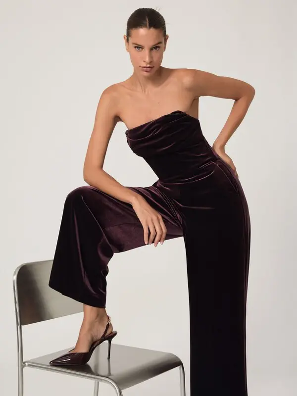 REISS Andria Petite Velvet Strapless Jumpsuit - Burgundy