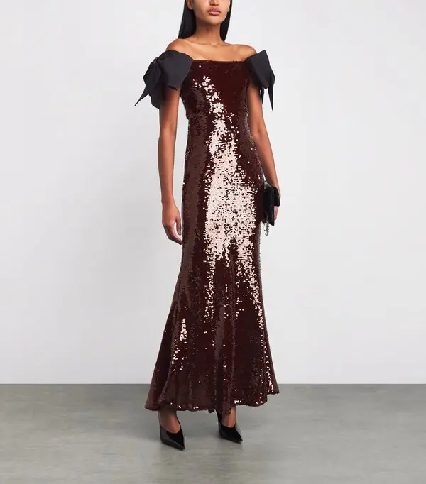 self portrait brown sequin dress Brown Sequin Bow Maxi Dress – self-portrait main image 0