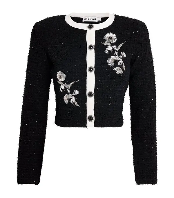 SELF-PORTRAIT Textured-knit Embellished Floral Jacket - Black