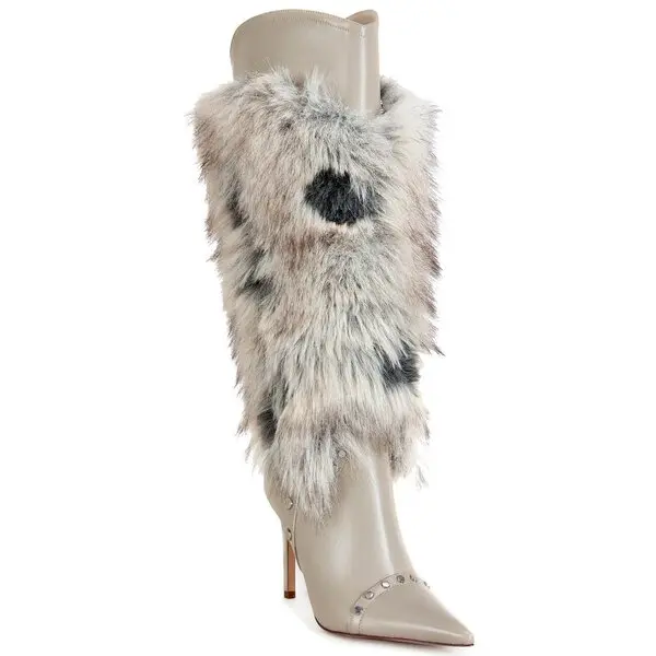 AZALEA WANG Alisette Faux Fur Knee High Boots - Grey