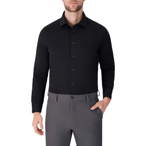 VICTOR EMMANUEL Regular Fit Solid Knit Cotton Dress Shirt - Black