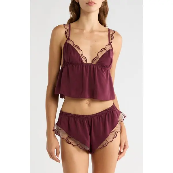Bluebella Marabel Embroidered Trim Satin Camisole & Shorts Set - Cherry Lacquer/sheer