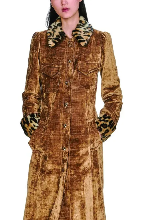 Anna Sui Velour Coat With Faux Fur Trim