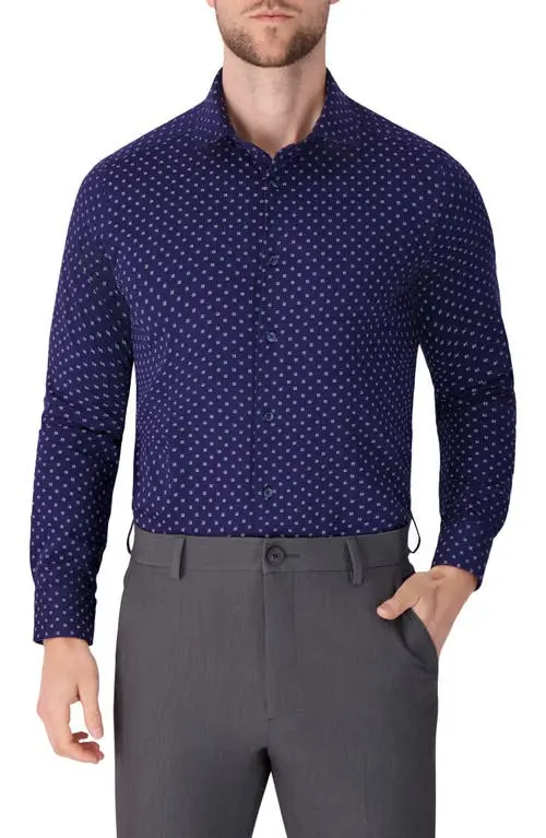 VICTOR EMMANUEL Regular Fit Geometric Print Knit Cotton Dress Shirt - Navy