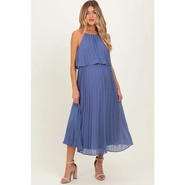 PINKBLUSH Pleated Woven Maternity Midi Dress - Denim