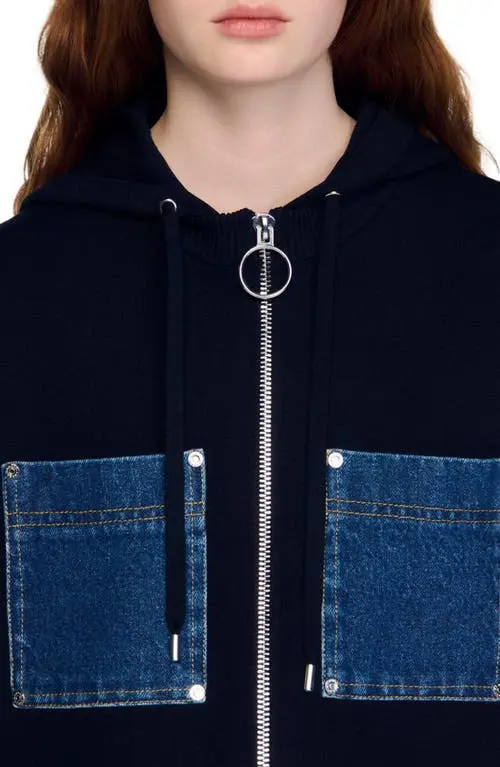 Sandro Knit Hoodie With Denim Pockets - Navy Blue