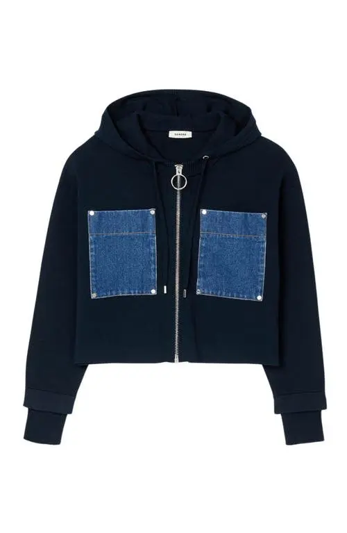 Sandro Knit Hoodie With Denim Pockets - Navy Blue