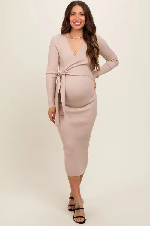 PINKBLUSH Fitted Long-sleeve Maternity Dress - Beige