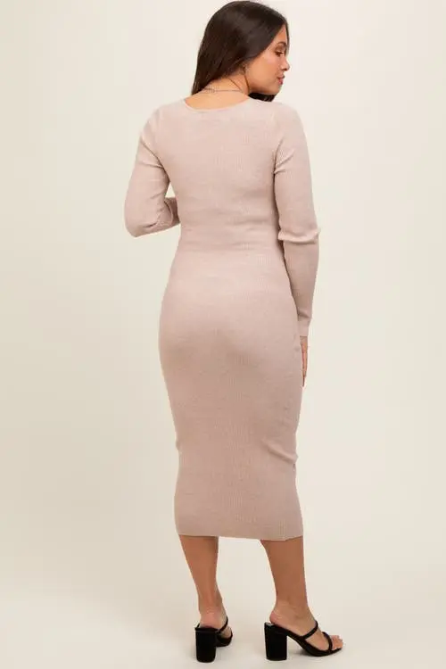 PINKBLUSH Fitted Long-sleeve Maternity Dress - Beige