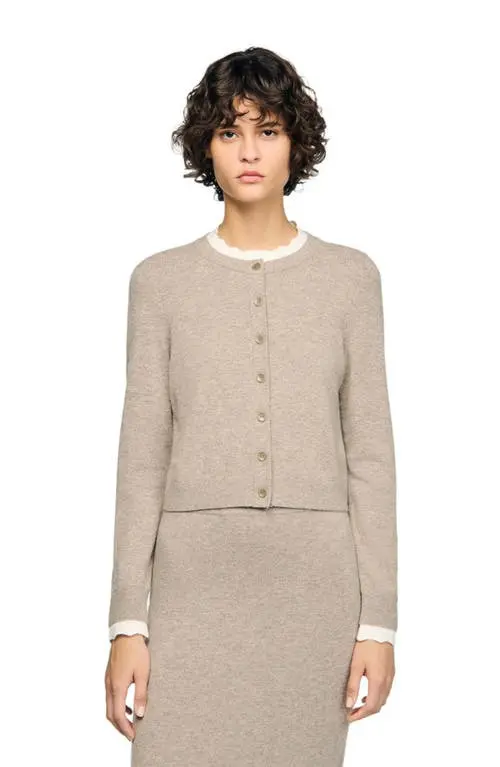 Sandro Fine Knit Cardigan With Contrast Collar And Cuffs