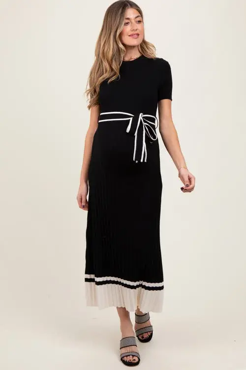 PINKBLUSH Ribbed Knit Pleated Midi Dress - Black