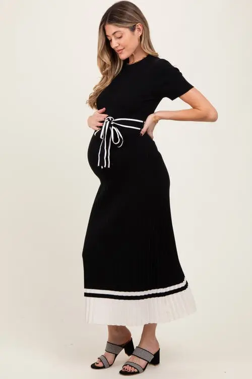 PINKBLUSH Ribbed Knit Pleated Midi Dress - Black