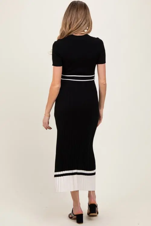 PINKBLUSH Ribbed Knit Pleated Midi Dress - Black
