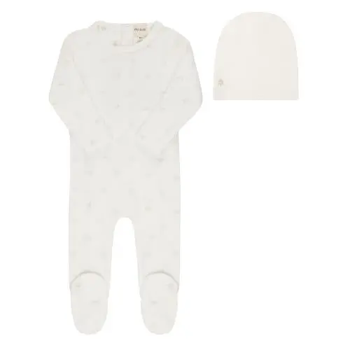 ELY'S & CO. Velour Embroidered Floral Footie And Beanie Set - Ivory Girl