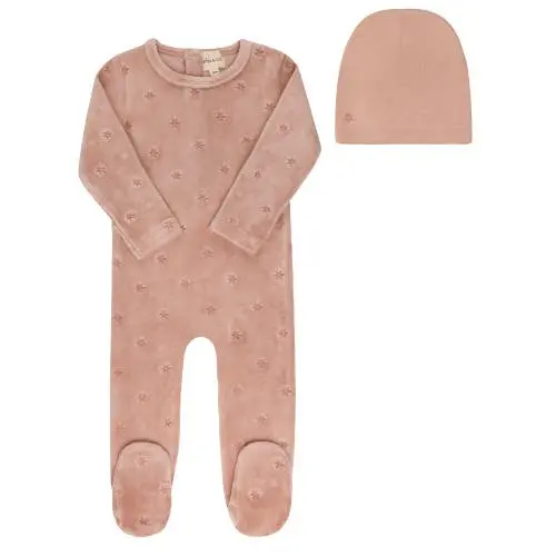 ELY'S & CO. Velour Embroidered Floral Footie And Beanie Set - Pink