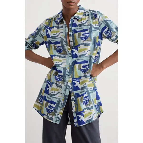 SEASALT CORNWALL Abstract Print Cotton Blend Button-up Shirt - Windowscape Sketch Chalk