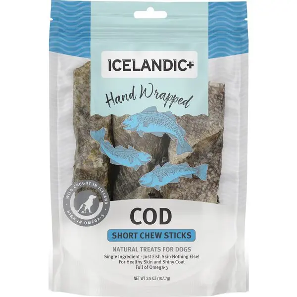 ICELANDIC+ Cod Skin 5" Short Hand Wrapped Dog Chew Stick, 3pack - Gray