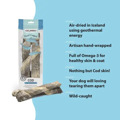 ICELANDIC+ Cod Skin 10" Long Hand Wrapped Dog Chew Stick, 2pack