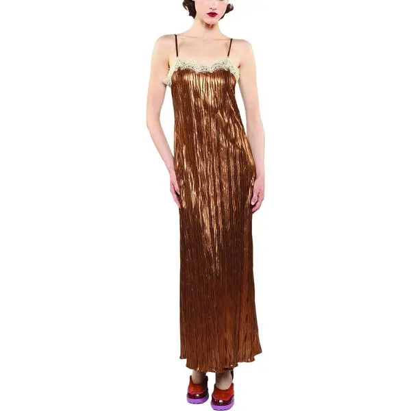 Anna Sui Fortuny Pleats Lace Slip Maxi Dress - Bronze