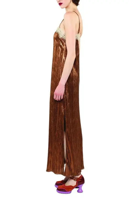 Anna Sui Fortuny Pleats Lace Slip Maxi Dress