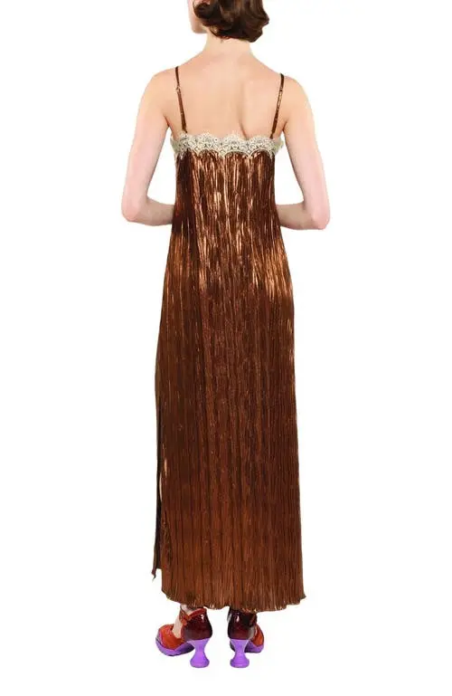 Anna Sui Fortuny Pleats Lace Slip Maxi Dress
