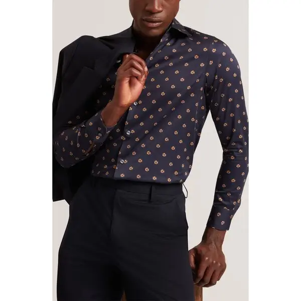 Ted Baker London Olufar Print Cotton Button-up Shirt - Navy