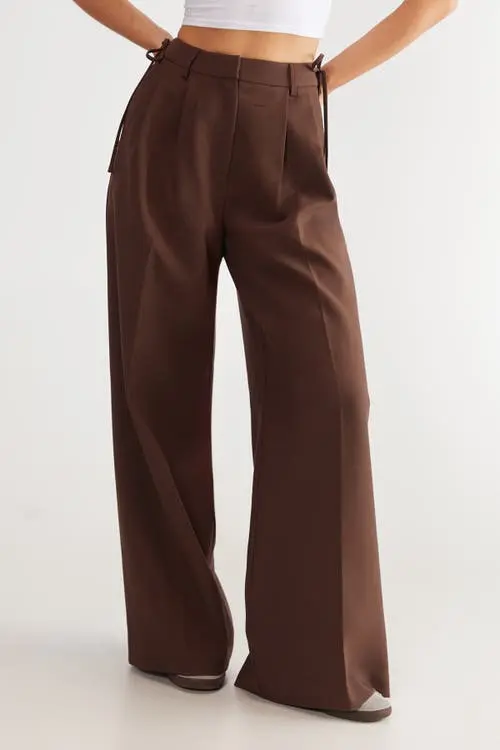 Nasty Gal Premium Tailored Tie Detail Trousers - Choc Brown