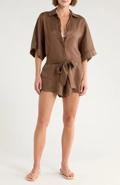 Elan Linen Cover-up Romper - Brown