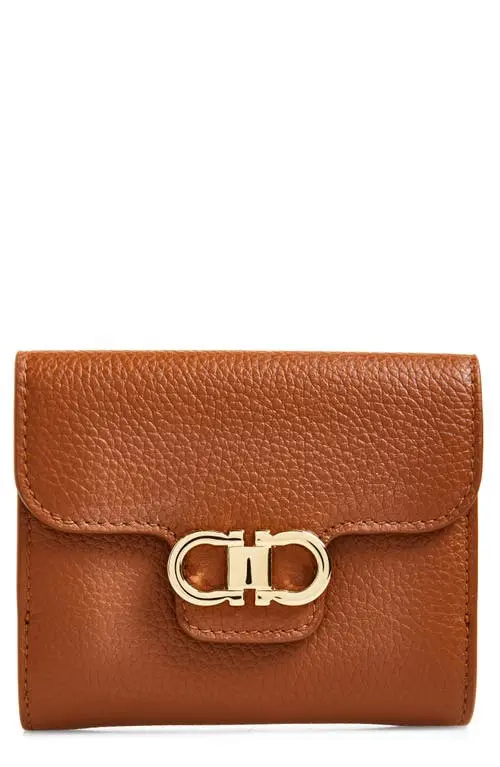 FERRAGAMO Double Gancio Leather Compact Wallet - New Cognac/t.moro