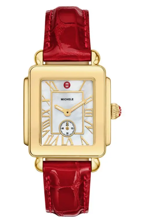 Michele Deco Sport Mid Leather Strap Watch - Red/gold