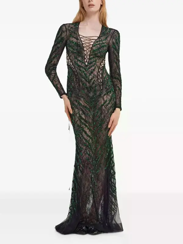Roberto Cavalli Embellished Long-sleeve Maxi Dress