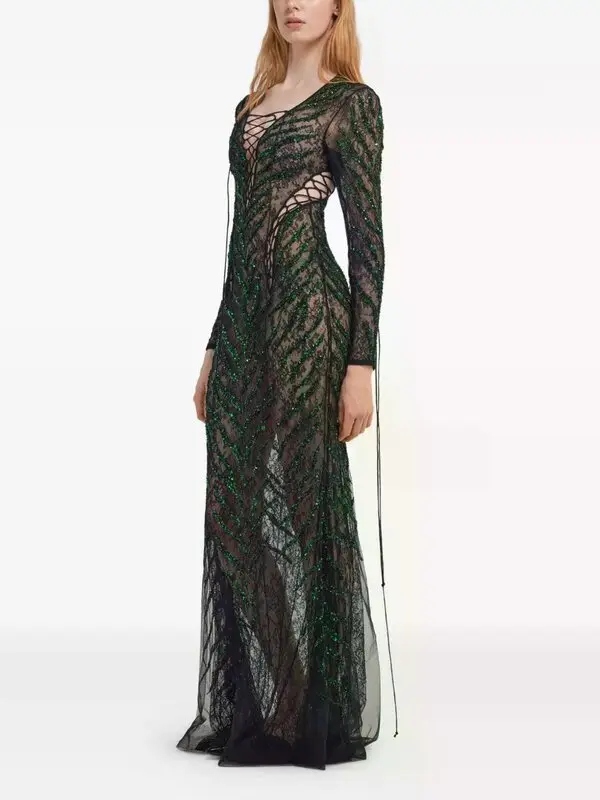 Roberto Cavalli Embellished Long-sleeve Maxi Dress