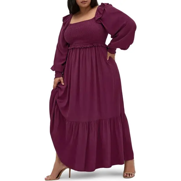City Chic Saddie Long Sleeve Maxi Dress - Bordeaux