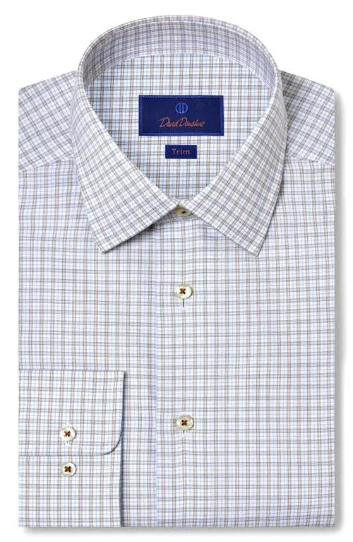 David Donahue Trim Fit Twill Check Dress Shirt - Sky/chocolate