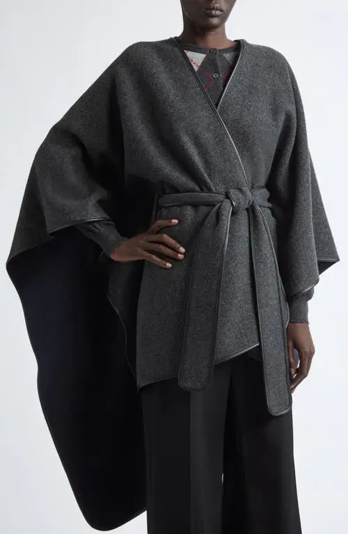 Johnstons Of Elgin Leather Piped Wool & Cashmere Belted Cape - Charcoal/navy