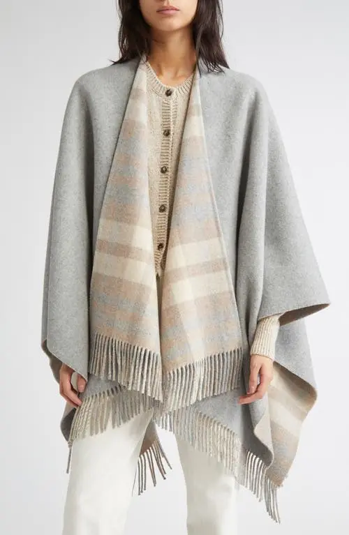 Johnstons Of Elgin Reversible Wool Fringe Cape - Light Grey