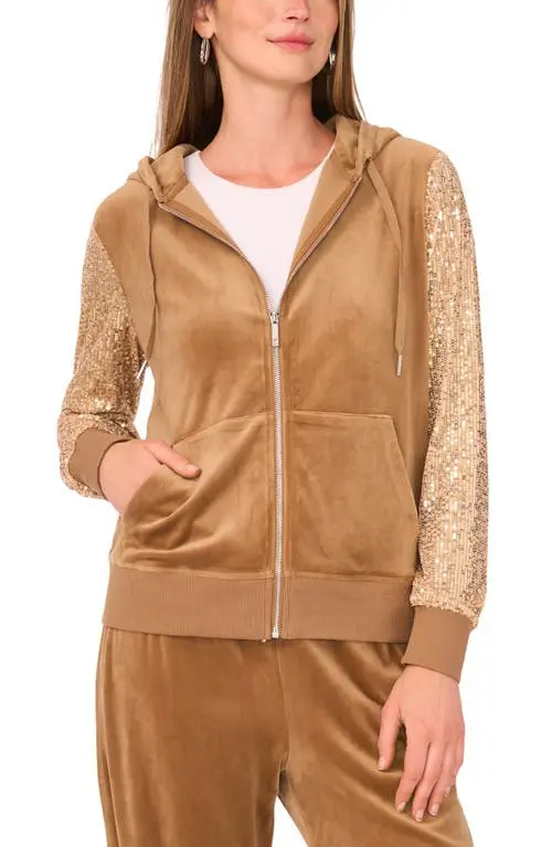 Vince Camuto Sequin Sleeve Zip Hoodie - Camel