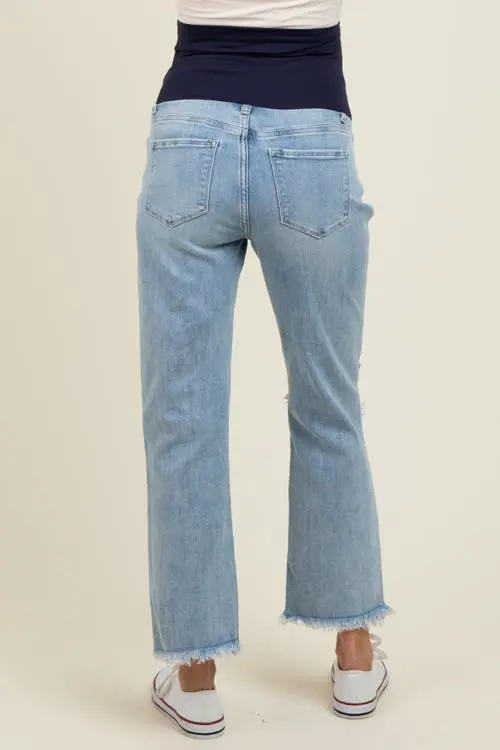 PINKBLUSH Ripped Knee Fringe Hem Straight Leg Maternity Ankle Jeans - Light Blue