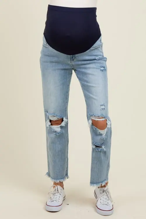 PINKBLUSH Ripped Knee Fringe Hem Straight Leg Maternity Ankle Jeans - Light Blue