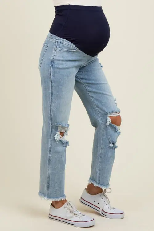 PINKBLUSH Ripped Knee Fringe Hem Straight Leg Maternity Ankle Jeans - Light Blue