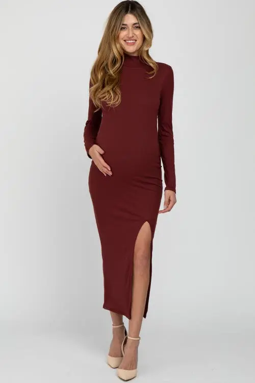 PINKBLUSH Ribbed Mock Neck Side Slit Maxi Dress