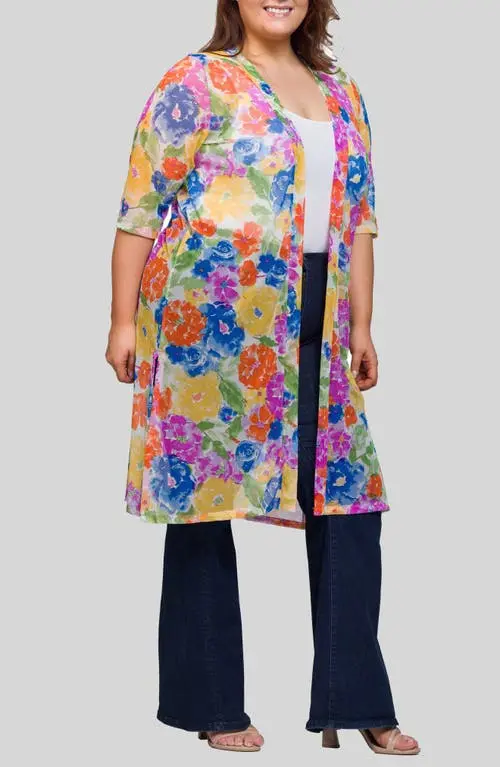 24SEVEN COMFORT APPAREL Floral Print Sheer Open Front Long Jacket