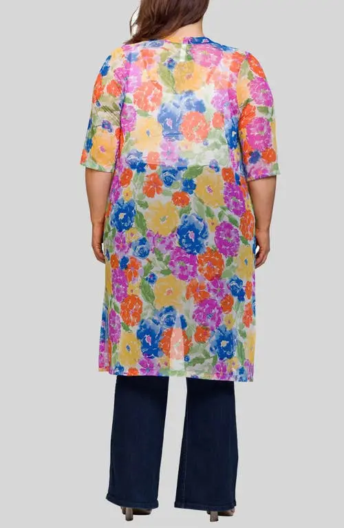 24SEVEN COMFORT APPAREL Floral Print Sheer Open Front Long Jacket