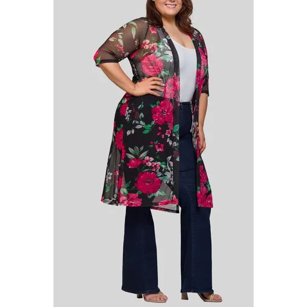 24SEVEN COMFORT APPAREL Floral Print Sheer Open Front Jacket - Black Multi