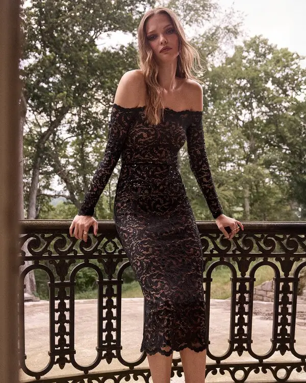 floor length black lace dress with sleeves Black Lace Long Sleeve Wrap Midi Dress 10 main image 1